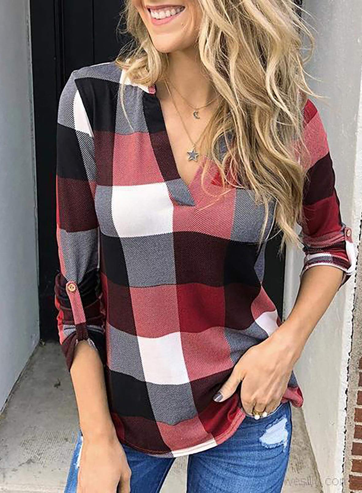 Dokotoo Women's Spring Summer Fall Fashion Casual Ladies Basic Cotton Cuffed 3/4 Long Sleeve Plaid Print V Neck Work Tops Tunic Shirts and Blouses for Women 2024 Red
