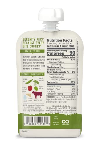 Serenity Kids 6+ Months Baby Food Pouches Puree Made With Ethically Sourced Meats & Organic Veggies | 3.5 Ounce BPA-Free Pouch | Grass Fed Beef & Ginger, Pea, Bell Pepper, Broccoli | 6 Count