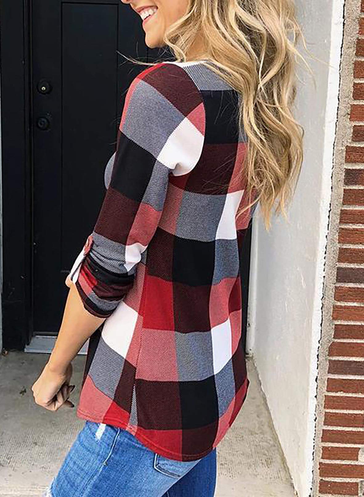 Dokotoo Women's Spring Summer Fall Fashion Casual Ladies Basic Cotton Cuffed 3/4 Long Sleeve Plaid Print V Neck Work Tops Tunic Shirts and Blouses for Women 2024 Red