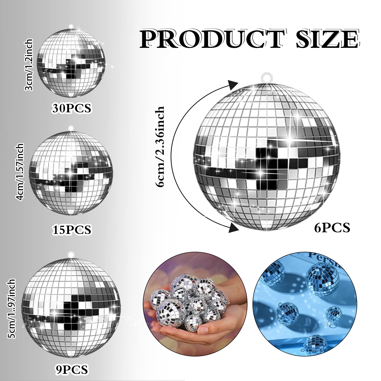 Jspupifip 60 Pcs Mirror Disco Balls Bulk Ornaments Reflective Silver Glass Disco Ball Decorations 70s Disco Themed Party Decor for Graduation Party Decor(1.2 inch,1.57 inch,1.94 inch,2.3 6inch)