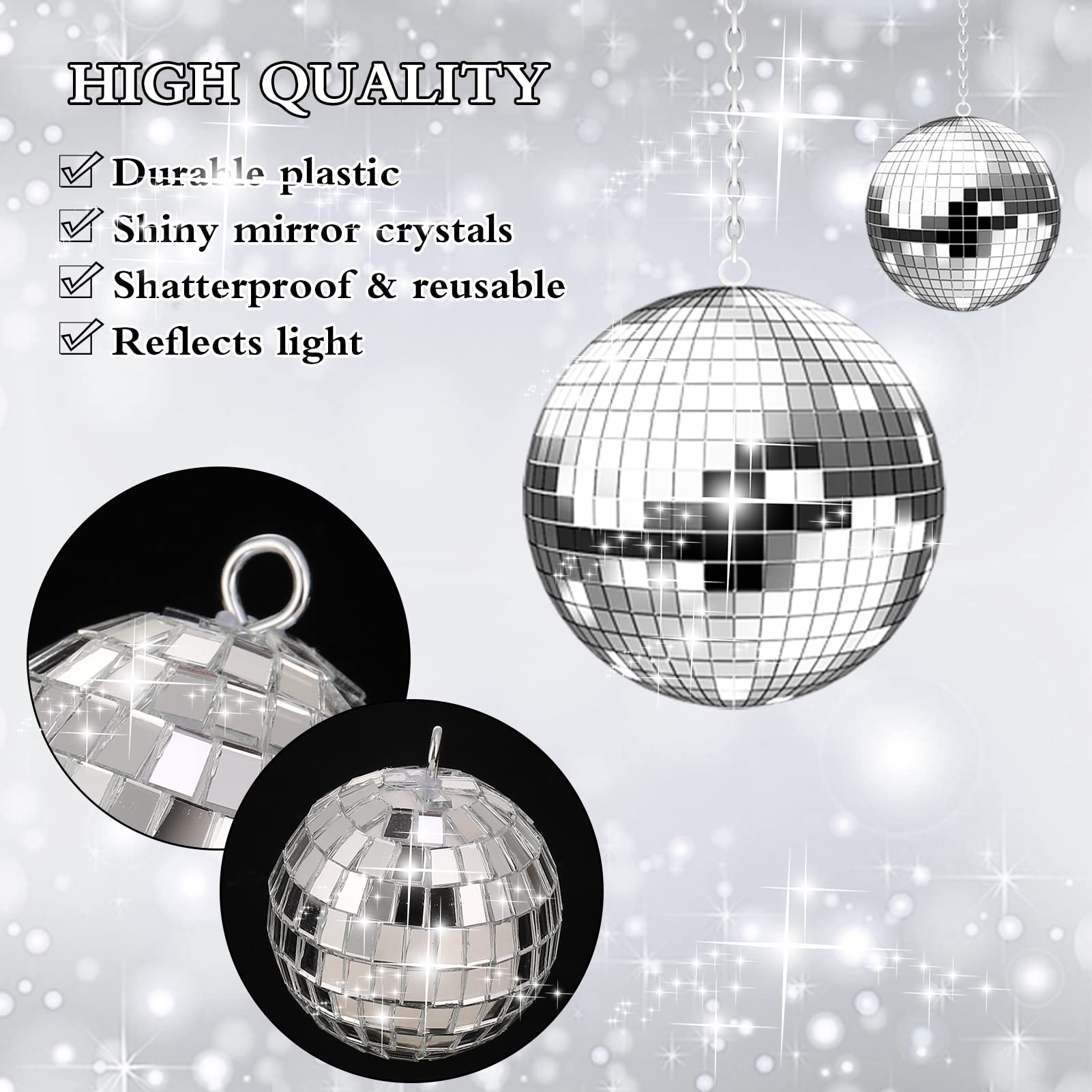 Jspupifip 60 Pcs Mirror Disco Balls Bulk Ornaments Reflective Silver Glass Disco Ball Decorations 70s Disco Themed Party Decor for Graduation Party Decor(1.2 inch,1.57 inch,1.94 inch,2.3 6inch)