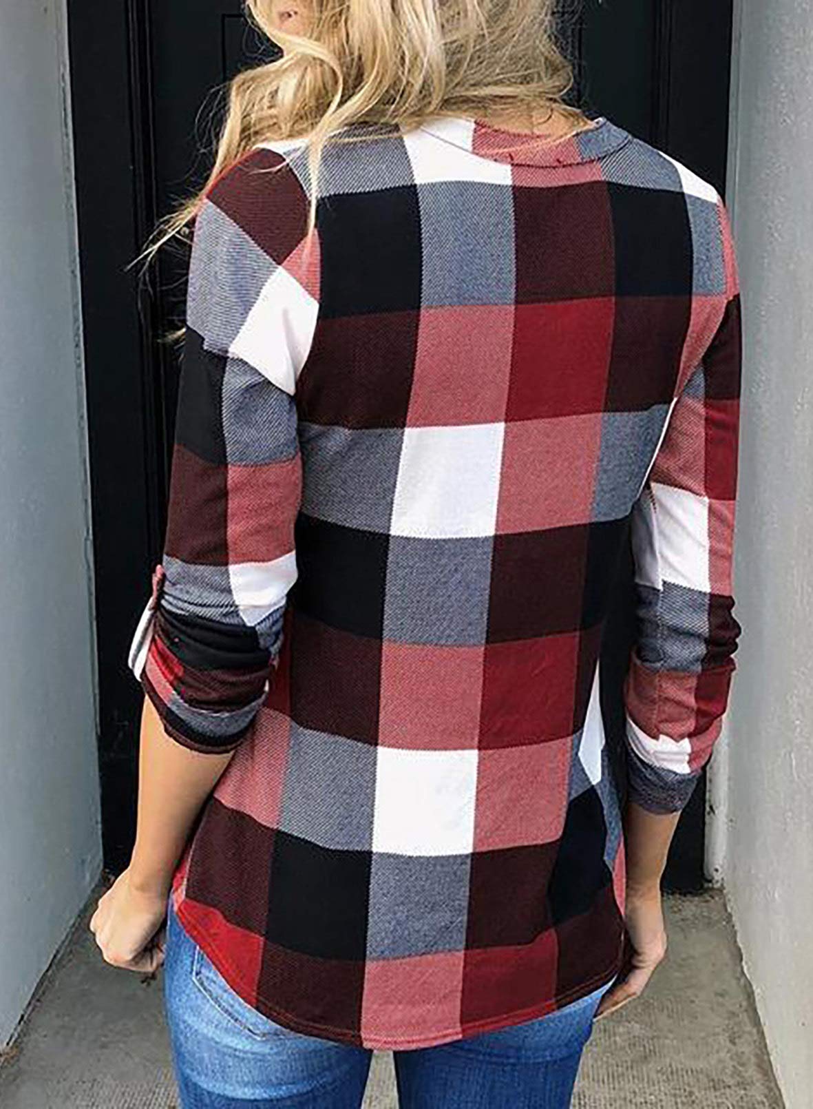 Dokotoo Women's Spring Summer Fall Fashion Casual Ladies Basic Cotton Cuffed 3/4 Long Sleeve Plaid Print V Neck Work Tops Tunic Shirts and Blouses for Women 2024 Red
