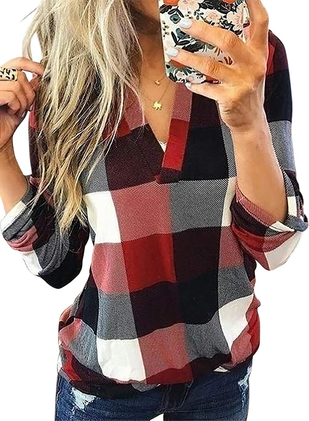 Dokotoo Women's Spring Summer Fall Fashion Casual Ladies Basic Cotton Cuffed 3/4 Long Sleeve Plaid Print V Neck Work Tops Tunic Shirts and Blouses for Women 2024 Red