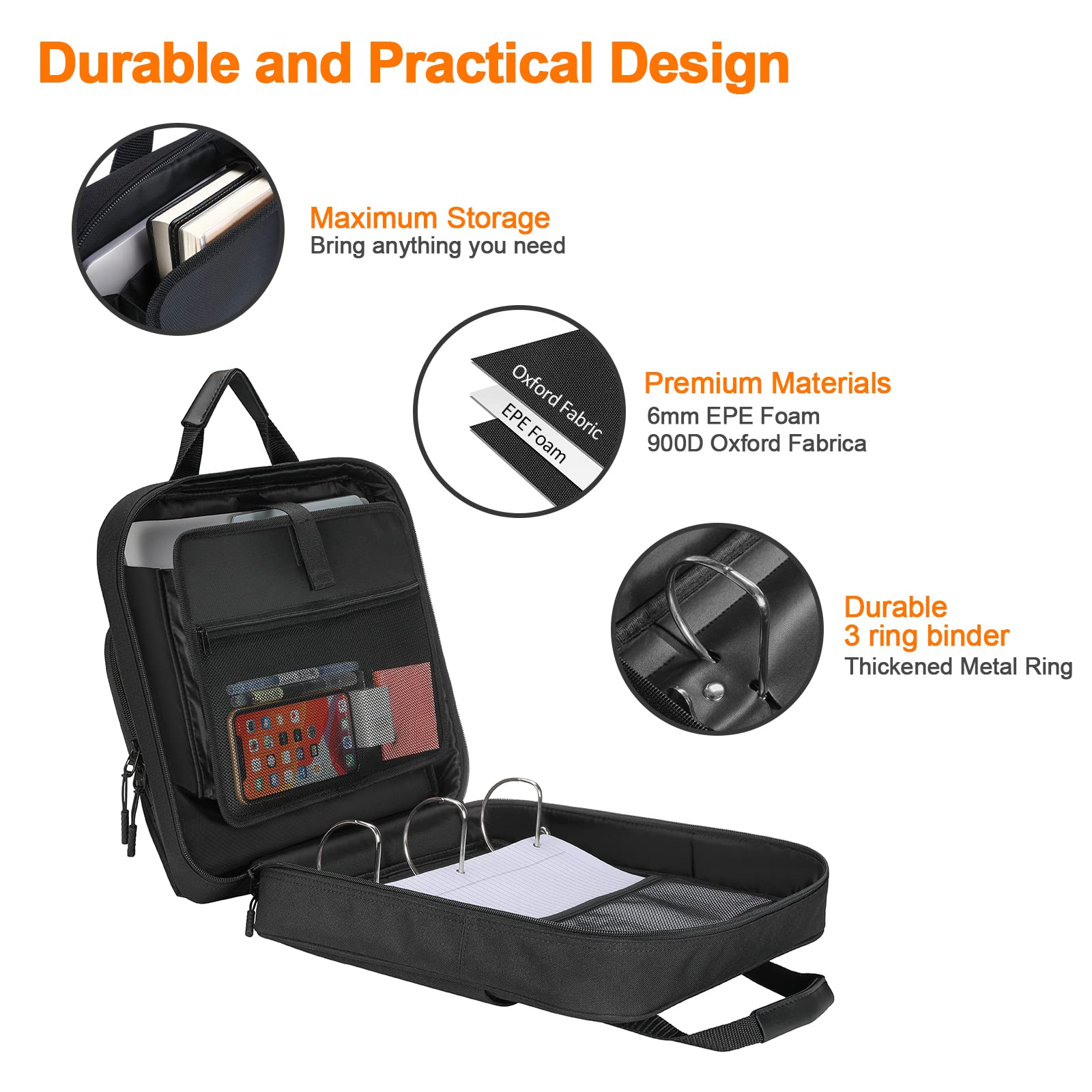 Losong 3 Ring Zipper Binder 3 Inch D-Ring, Binder with Zipper Shoulder Strap 700 Sheet Capacity & Multi-Pockets School and Office Binder Organizer, Compatible with 13-Inch MacBook(Patent Design Black)