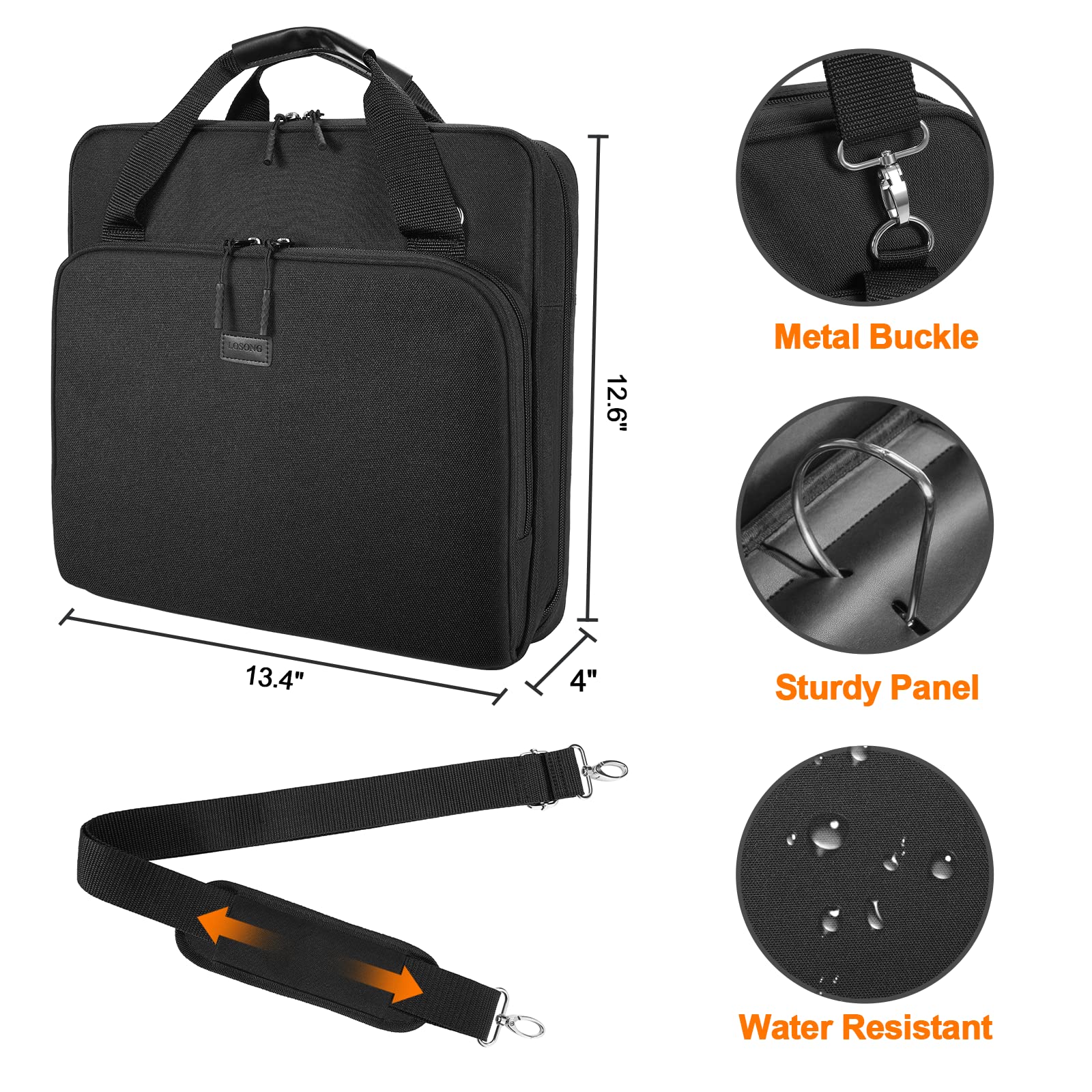 Losong 3 Ring Zipper Binder 3 Inch D-Ring, Binder with Zipper Shoulder Strap 700 Sheet Capacity & Multi-Pockets School and Office Binder Organizer, Compatible with 13-Inch MacBook(Patent Design Black)