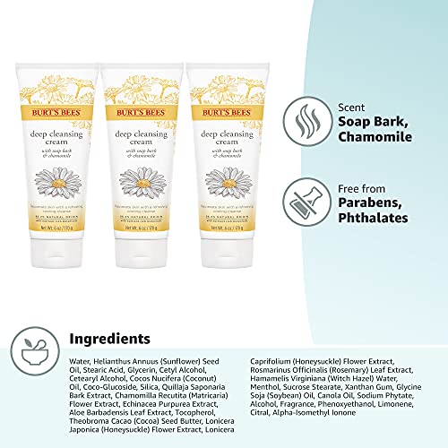 Face Wash,Burt's Bees Deep Facial Cleansing Cream, All Natural Cleanser with Chamomile, 6 Ounce (Pack of 3) (Packaging May Vary)