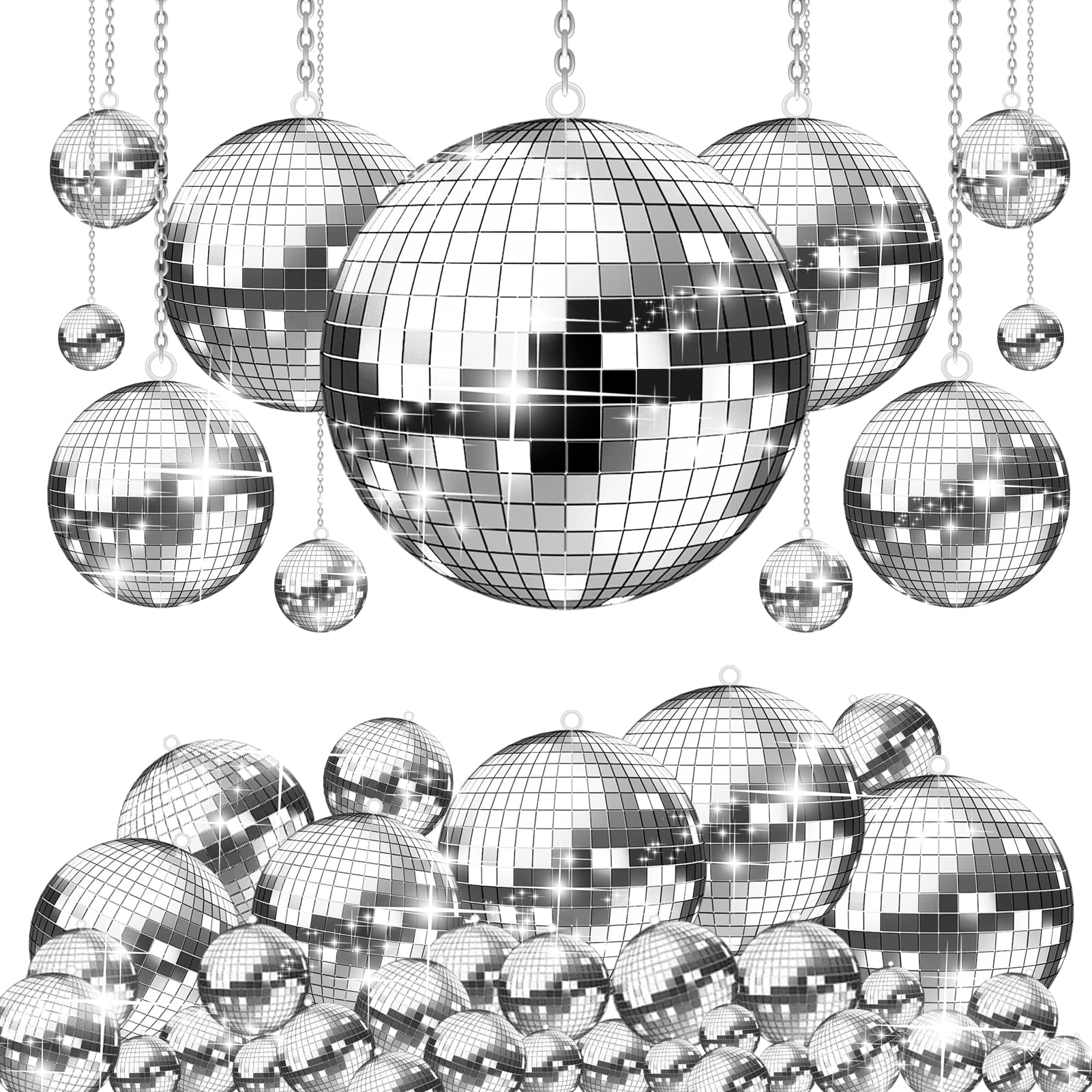 Jspupifip 60 Pcs Mirror Disco Balls Bulk Ornaments Reflective Silver Glass Disco Ball Decorations 70s Disco Themed Party Decor for Graduation Party Decor(1.2 inch,1.57 inch,1.94 inch,2.3 6inch)