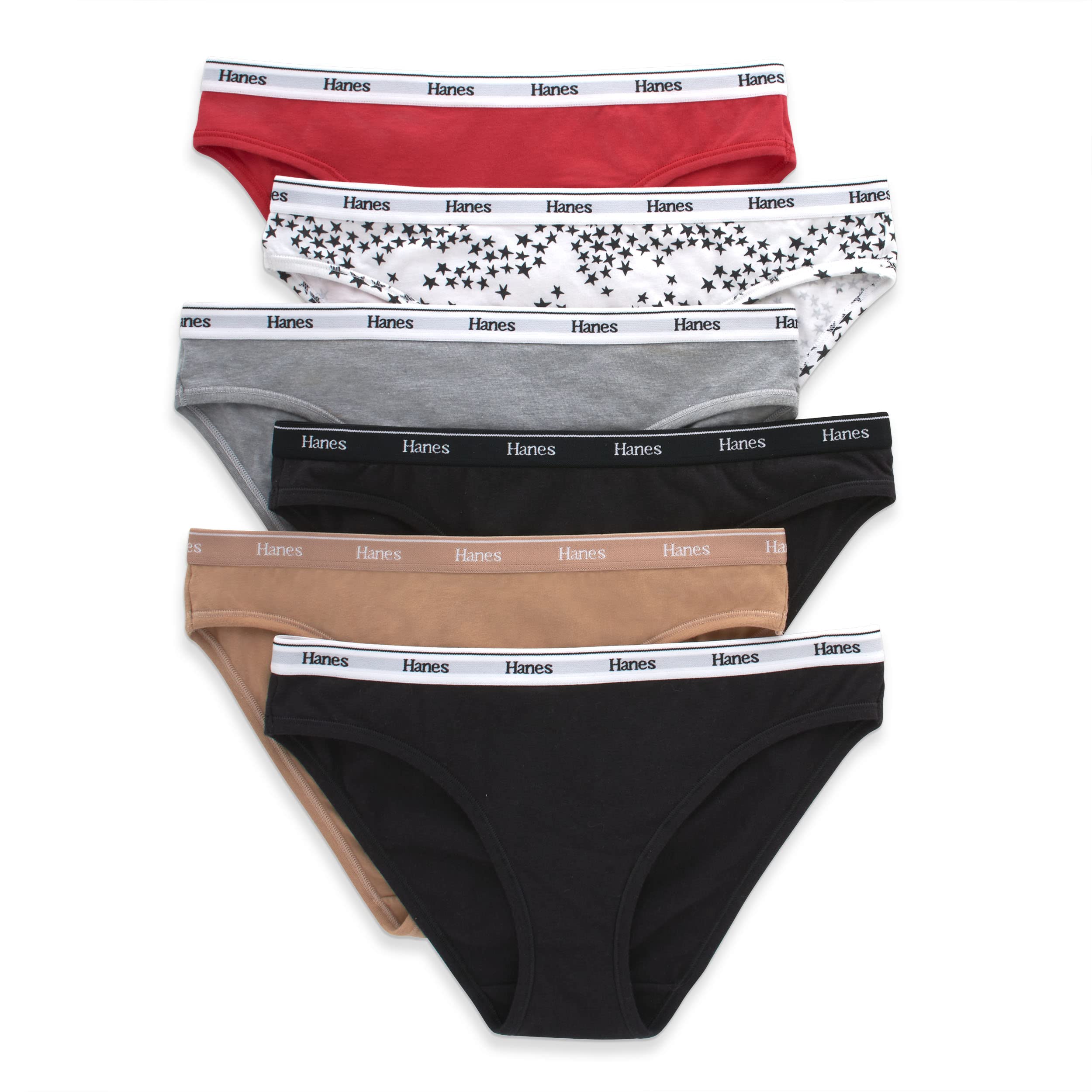 Hanes Women's Originals Bikini Panties, Breathable Stretch Cotton Underwear, Assorted, 6-Pack, Basic Color Mix, Large