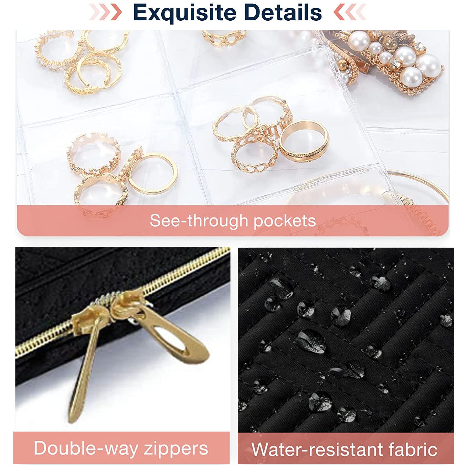 Travel Jewelry Organizer LAEDO Case Transparent Storage Book with Pockets Portable Bag Ring Binder Zipper Pouch for Necklace, Earrings, Rings, Bracelet, Black, One size