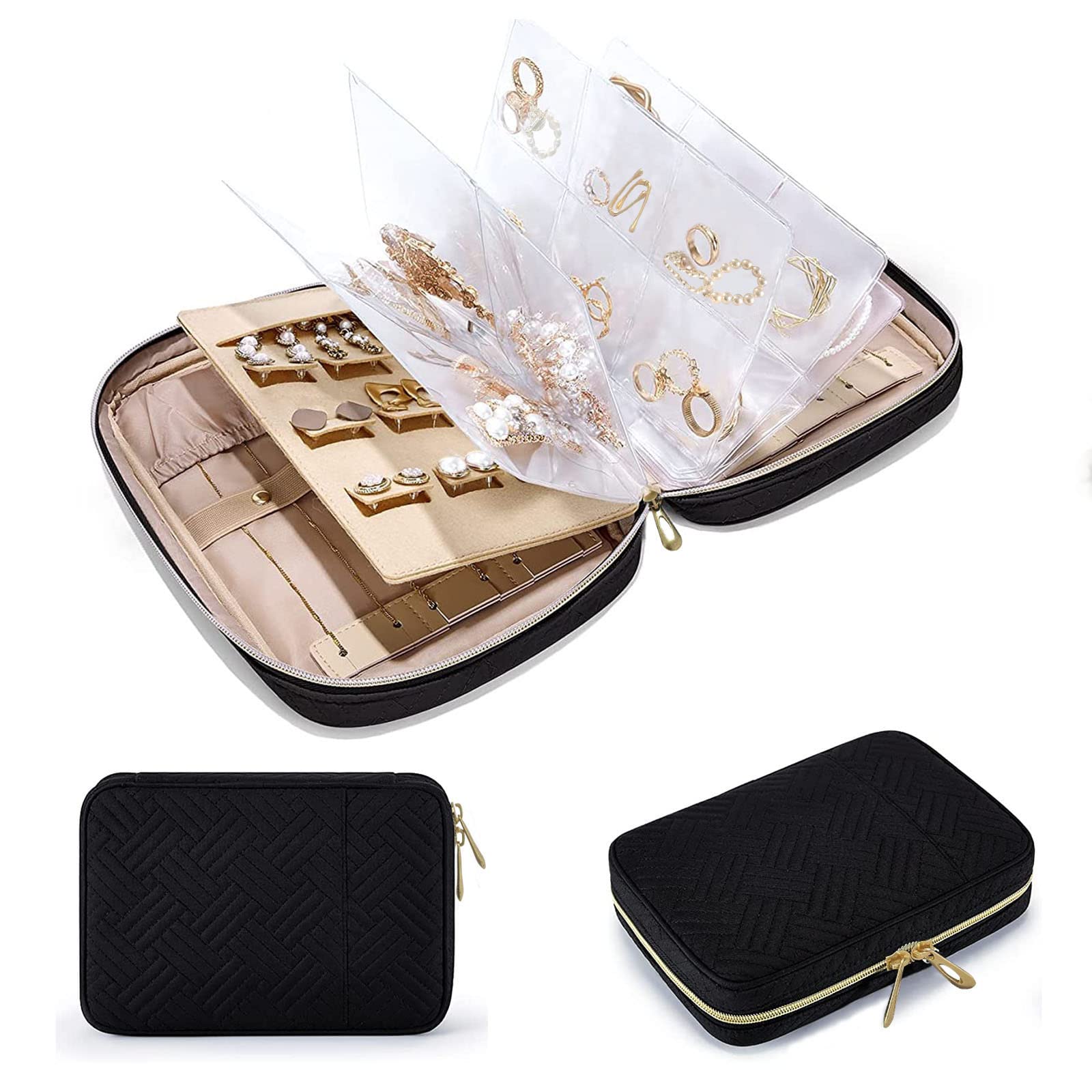 Travel Jewelry Organizer LAEDO Case Transparent Storage Book with Pockets Portable Bag Ring Binder Zipper Pouch for Necklace, Earrings, Rings, Bracelet, Black, One size