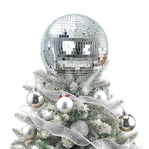 Retisee 8'' Disco Ball Christmas Tree Topper Disco Mirror Ball Xmas Tree Topper 3D Hollow Silver Disco Ball Decor Disco Ball Ornament for 70s Disco Holiday Wedding Birthday Party Decorations