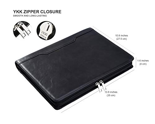 AZXCG Handmade Genuine Leather 3 Ring Binder Portfolio Folder with Zipper for 13.3” Tablet/Laptop,Professional Leather Binder with Letter Size Notepad (Non-Custom, Black-Oil)