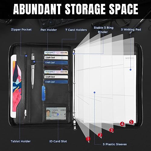 Deziliao 3-Ring Padfolio Portfolio Binder Organizer, Document Organizer Folio, 10.4 Inch PU Leather Business Portfolio with Zipper, Business Planner Notebook Organizer for Women/Men(Black)