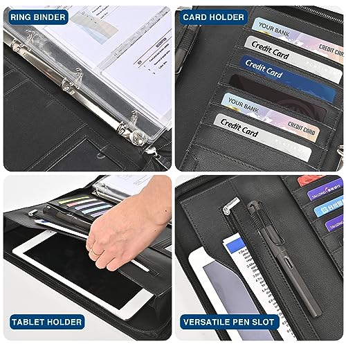 Deziliao 3-Ring Padfolio Portfolio Binder Organizer, Document Organizer Folio, 10.4 Inch PU Leather Business Portfolio with Zipper, Business Planner Notebook Organizer for Women/Men(Black)