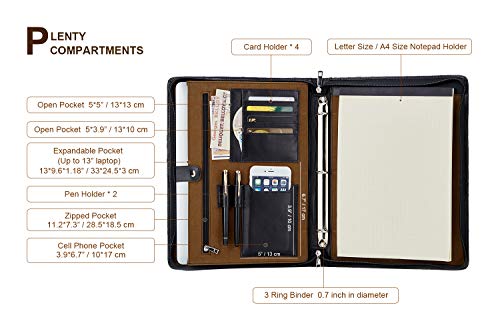 AZXCG Handmade Genuine Leather 3 Ring Binder Portfolio Folder with Zipper for 13.3” Tablet/Laptop,Professional Leather Binder with Letter Size Notepad (Non-Custom, Black-Oil)