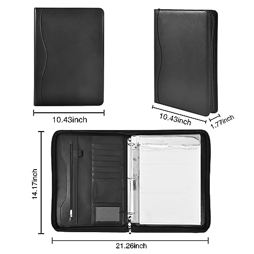 Deziliao 3-Ring Padfolio Portfolio Binder Organizer, Document Organizer Folio, 10.4 Inch PU Leather Business Portfolio with Zipper, Business Planner Notebook Organizer for Women/Men(Black)
