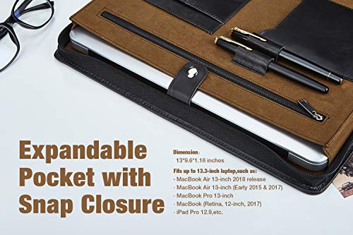AZXCG Handmade Genuine Leather 3 Ring Binder Portfolio Folder with Zipper for 13.3” Tablet/Laptop,Professional Leather Binder with Letter Size Notepad (Non-Custom, Black-Oil)