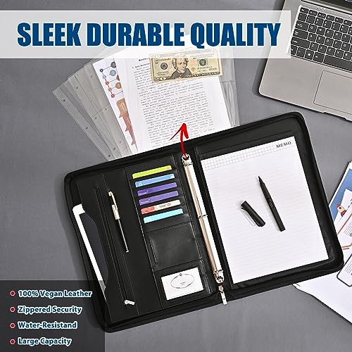 Deziliao 3-Ring Padfolio Portfolio Binder Organizer, Document Organizer Folio, 10.4 Inch PU Leather Business Portfolio with Zipper, Business Planner Notebook Organizer for Women/Men(Black)