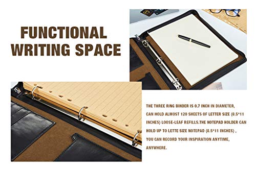 AZXCG Handmade Genuine Leather 3 Ring Binder Portfolio Folder with Zipper for 13.3” Tablet/Laptop,Professional Leather Binder with Letter Size Notepad (Non-Custom, Black-Oil)