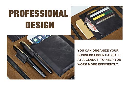 AZXCG Handmade Genuine Leather 3 Ring Binder Portfolio Folder with Zipper for 13.3” Tablet/Laptop,Professional Leather Binder with Letter Size Notepad (Non-Custom, Black-Oil)