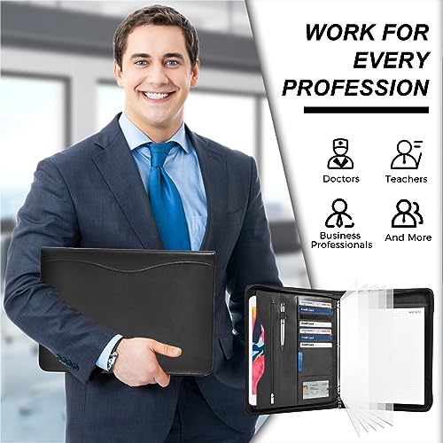 Deziliao 3-Ring Padfolio Portfolio Binder Organizer, Document Organizer Folio, 10.4 Inch PU Leather Business Portfolio with Zipper, Business Planner Notebook Organizer for Women/Men(Black)