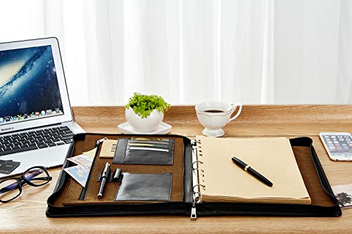 AZXCG Handmade Genuine Leather 3 Ring Binder Portfolio Folder with Zipper for 13.3” Tablet/Laptop,Professional Leather Binder with Letter Size Notepad (Non-Custom, Black-Oil)