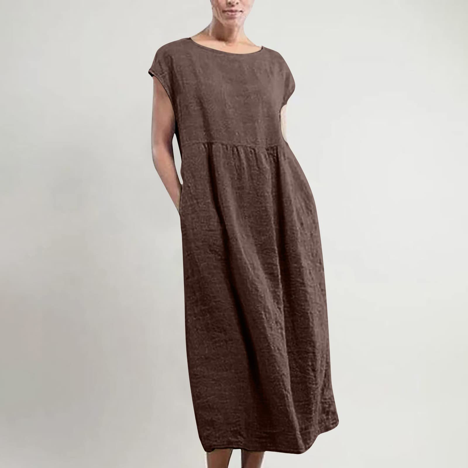 Ladies Solid Color Cotton Linen Casual Dress Loose Maxi Dress for Women Summer Dresses Pockets Comfy Beach Dresses 2023