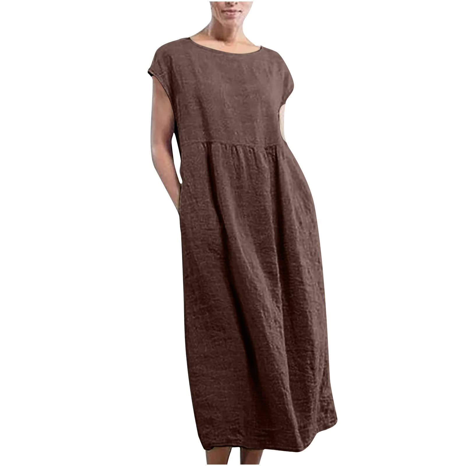 Ladies Solid Color Cotton Linen Casual Dress Loose Maxi Dress for Women Summer Dresses Pockets Comfy Beach Dresses 2023
