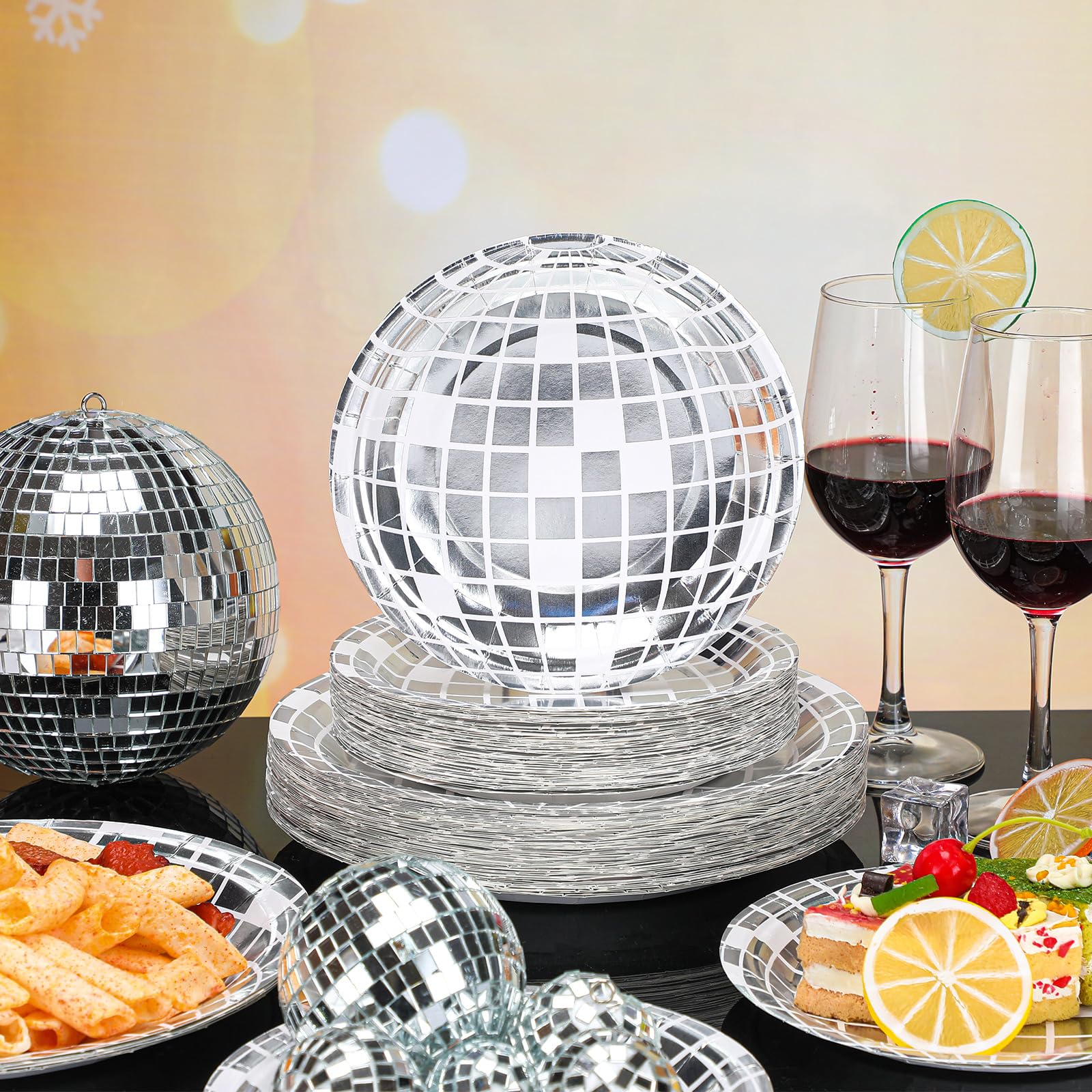 Mifoci 200 Pcs Disco Paper Plates Disco Party Supplies 7" and 9" Silver Foil Disposable Plates Disco Ball Dessert Dinner Plates 70s Party Paper Tableware for Rock Roll Dance Music Party Decorations