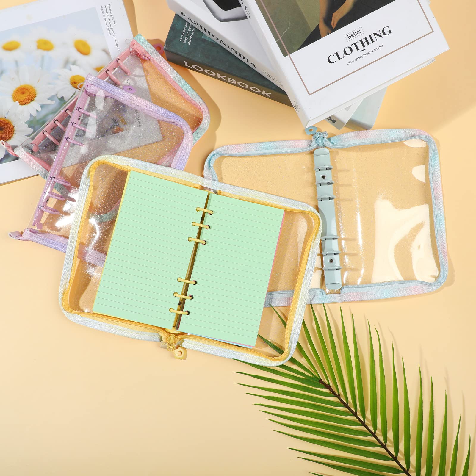 NEWEST A6 Zipper Binder Cover, Yellow Gradient PVC Loose-Leaf Notebook Planner Shell Protector, Sparkle Transparent Refillable 6-Ring Budget Cute Binder Folder for Cash Envelopes System