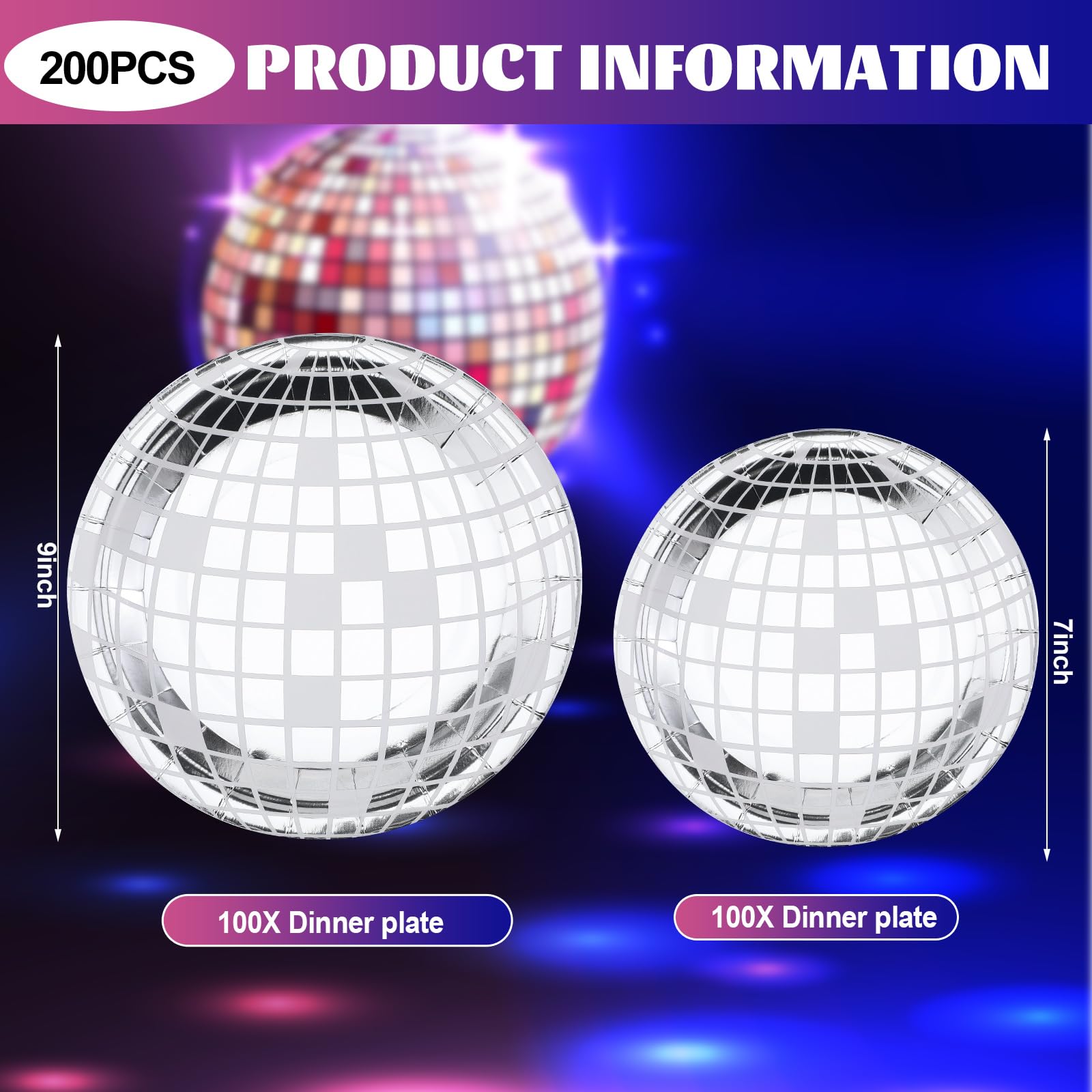 Mifoci 200 Pcs Disco Paper Plates Disco Party Supplies 7" and 9" Silver Foil Disposable Plates Disco Ball Dessert Dinner Plates 70s Party Paper Tableware for Rock Roll Dance Music Party Decorations