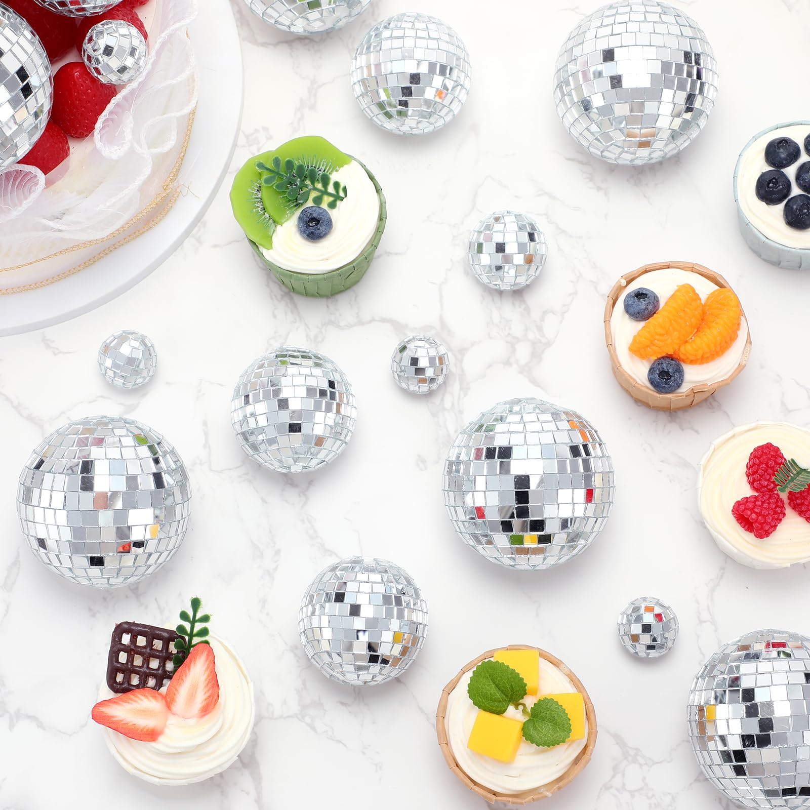 Geetery 70 Pcs Disco Ball Cake Topper Various Sizes Reflective Mirror Silver Mini Small Disco Ball Cake Decorations for Centerpiece 70s 80s Birthday Party Wedding Decor