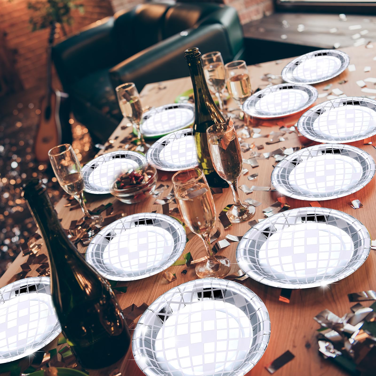 Mifoci 200 Pcs Disco Paper Plates Disco Party Supplies 7" and 9" Silver Foil Disposable Plates Disco Ball Dessert Dinner Plates 70s Party Paper Tableware for Rock Roll Dance Music Party Decorations