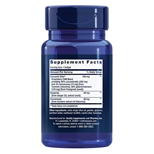 Life Extension Advanced Curcumin Elite Turmeric Extract, Ginger & Turmerones โ For Healthy Inflammatory & Immune Response and Cardiovascualr & Brain Health โ Gluten-Free, Non-GMO โ 30 Softgels