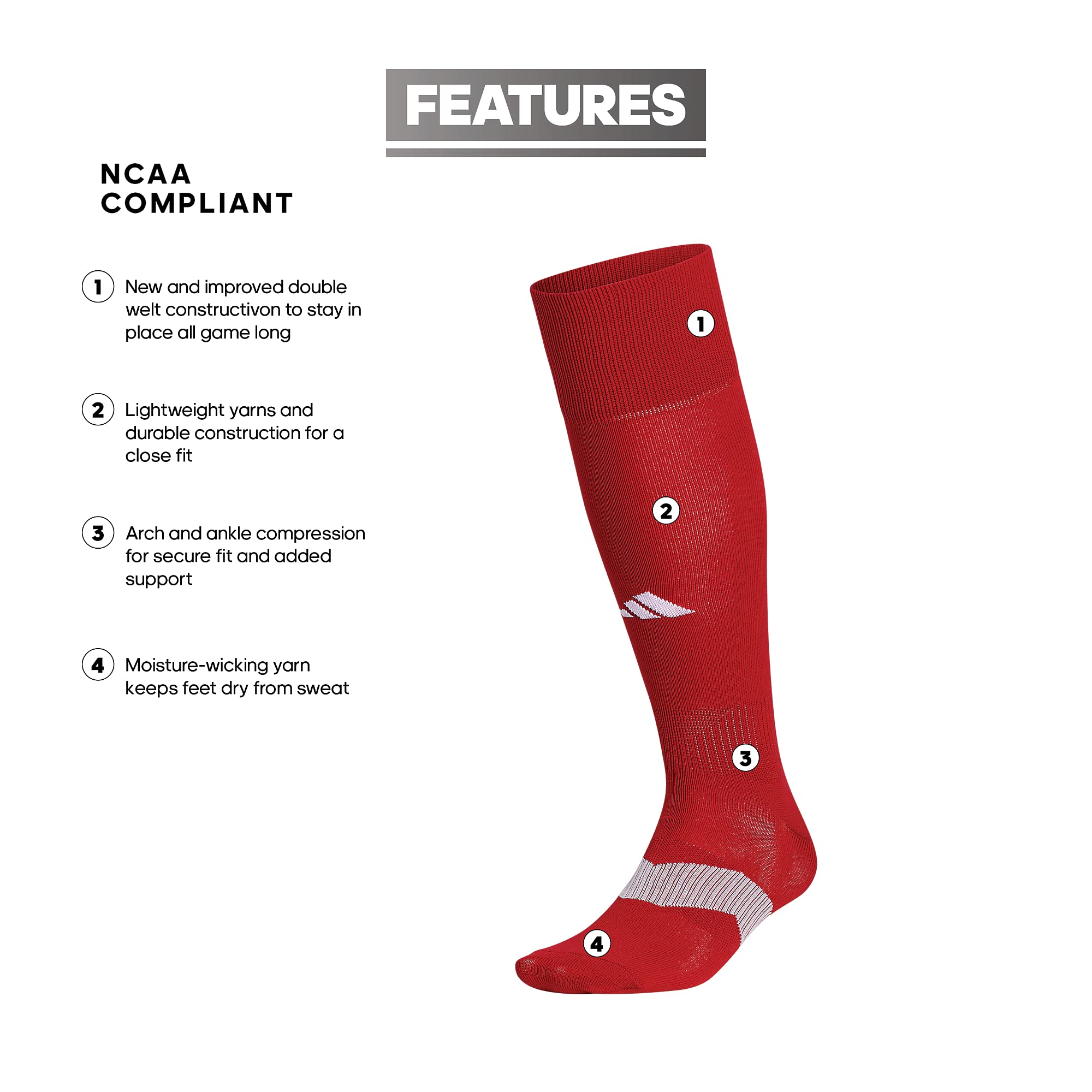 adidas Metro Soccer (1 Pair) Long Over The Calf Team Sports Socks, Power Red/Clear Grey/White/6, Medium