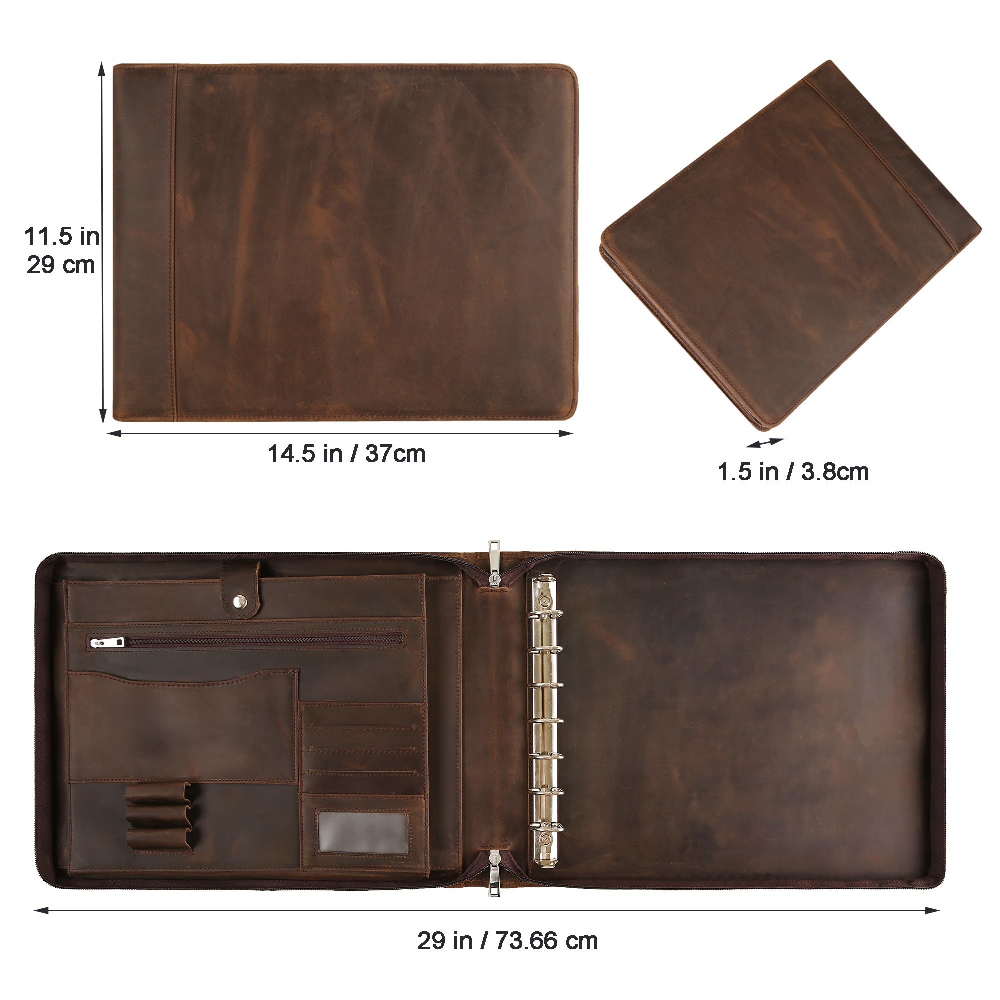 Leather Business Checkbook Binder - 7 Ring Zippered Binder with Check Book Holder for 3 Per Page, 600 Checks Capacity for 9 x 13 inch Sheets, Dark Khaki