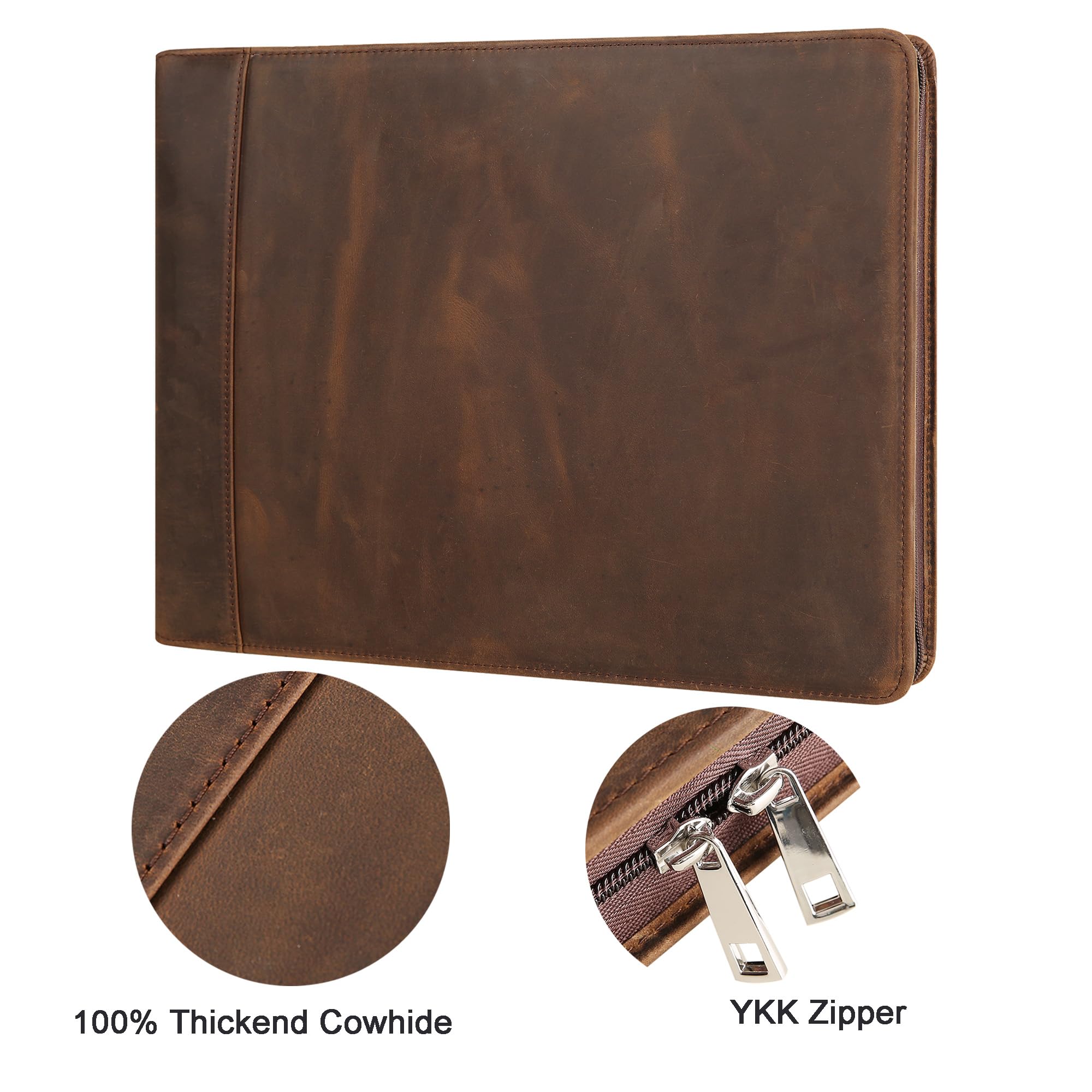 Leather Business Checkbook Binder - 7 Ring Zippered Binder with Check Book Holder for 3 Per Page, 600 Checks Capacity for 9 x 13 inch Sheets, Dark Khaki