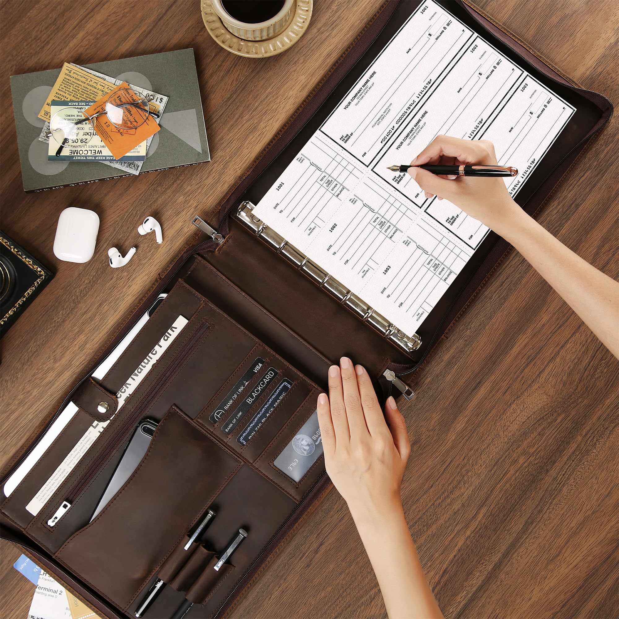 Leather Business Checkbook Binder - 7 Ring Zippered Binder with Check Book Holder for 3 Per Page, 600 Checks Capacity for 9 x 13 inch Sheets, Dark Khaki