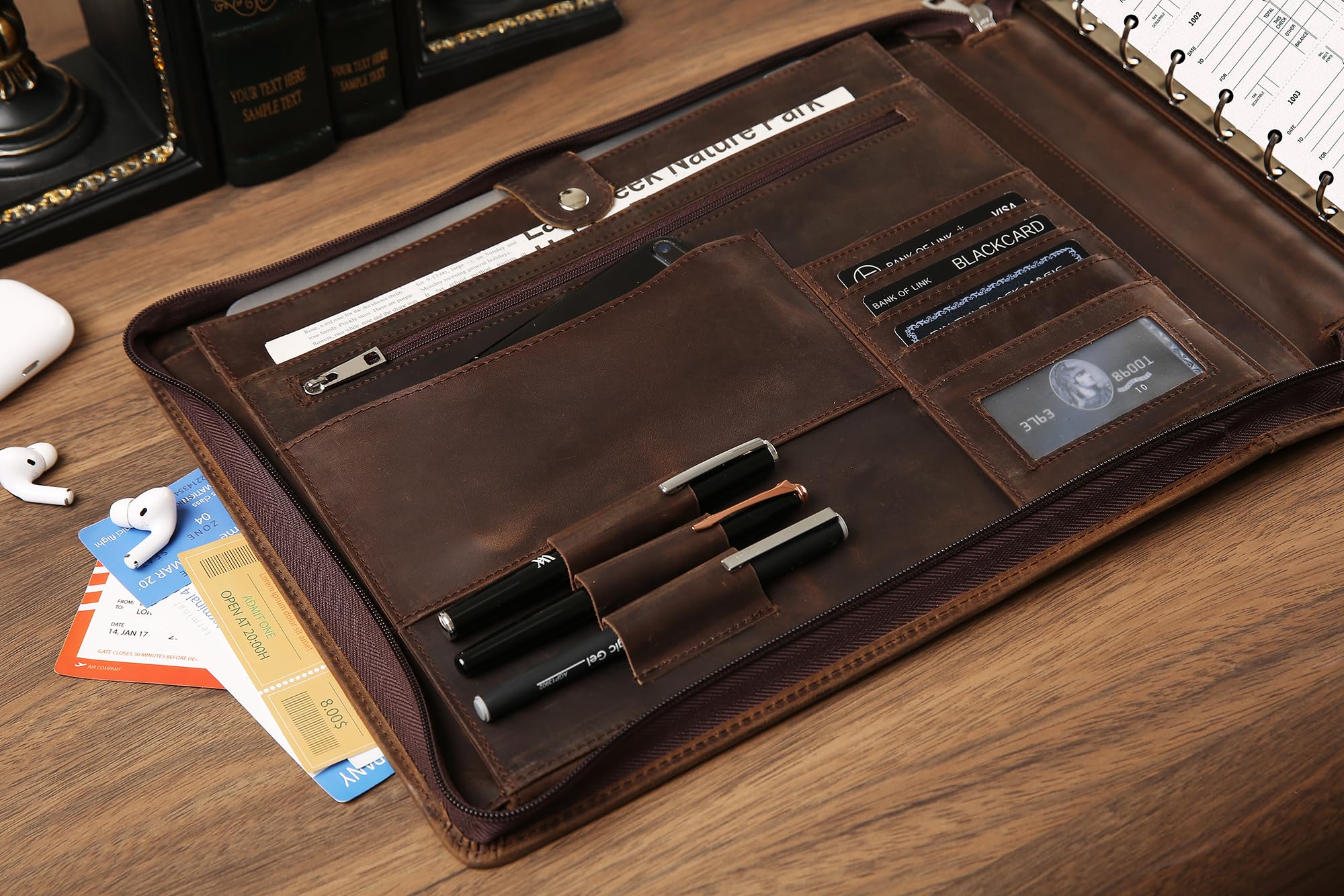 Leather Business Checkbook Binder - 7 Ring Zippered Binder with Check Book Holder for 3 Per Page, 600 Checks Capacity for 9 x 13 inch Sheets, Dark Khaki