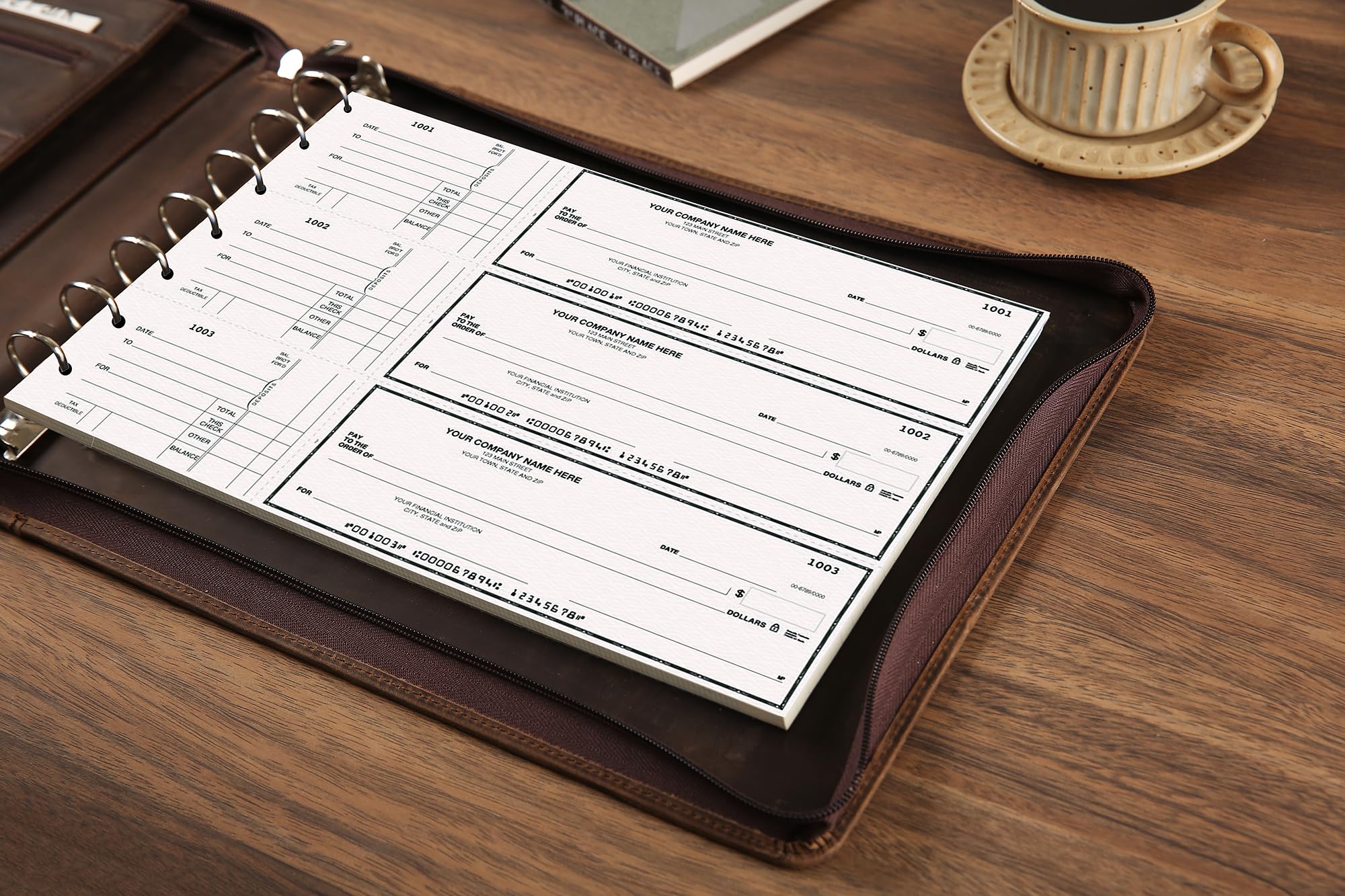 Leather Business Checkbook Binder - 7 Ring Zippered Binder with Check Book Holder for 3 Per Page, 600 Checks Capacity for 9 x 13 inch Sheets, Dark Khaki