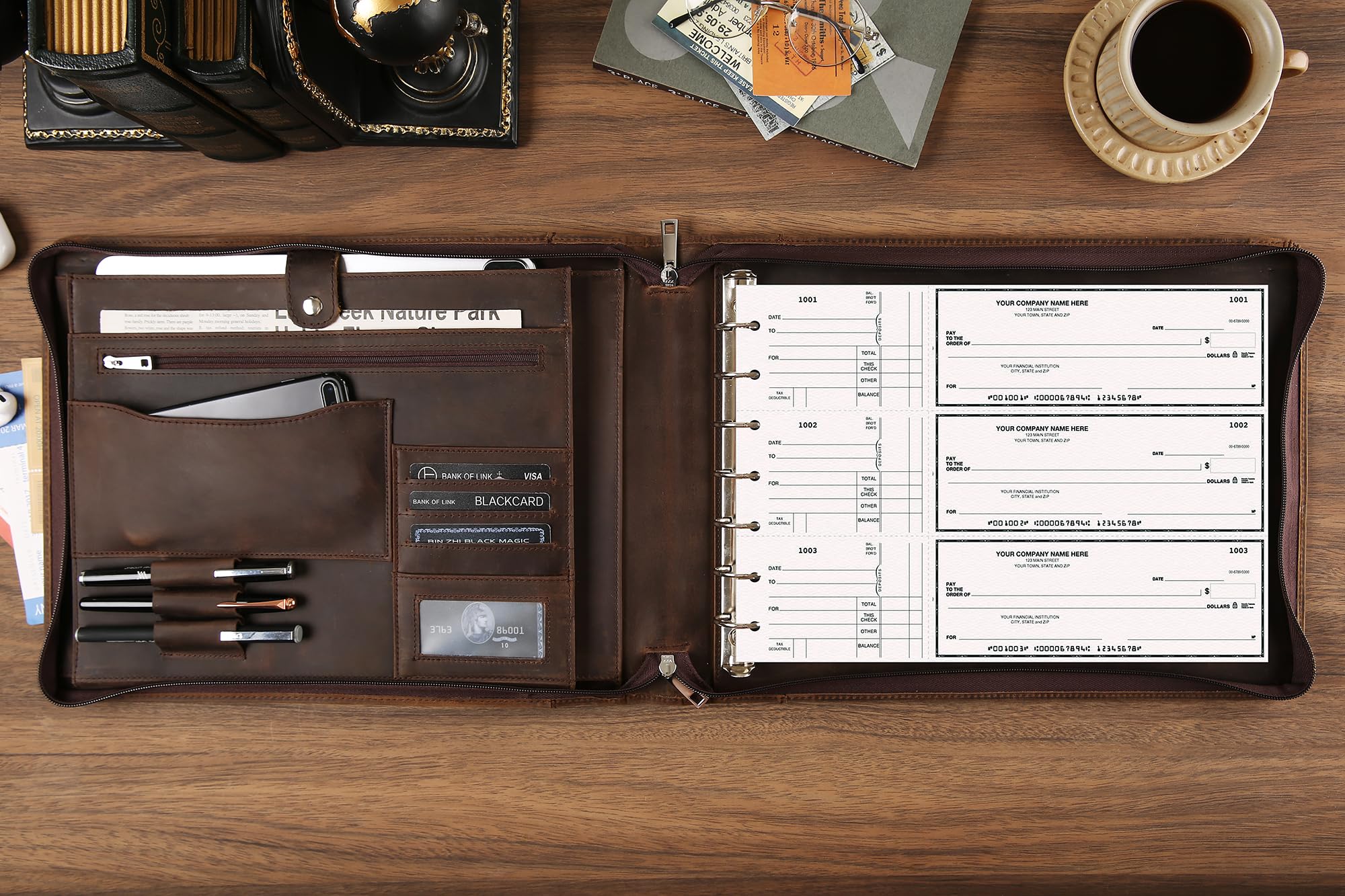 Leather Business Checkbook Binder - 7 Ring Zippered Binder with Check Book Holder for 3 Per Page, 600 Checks Capacity for 9 x 13 inch Sheets, Dark Khaki