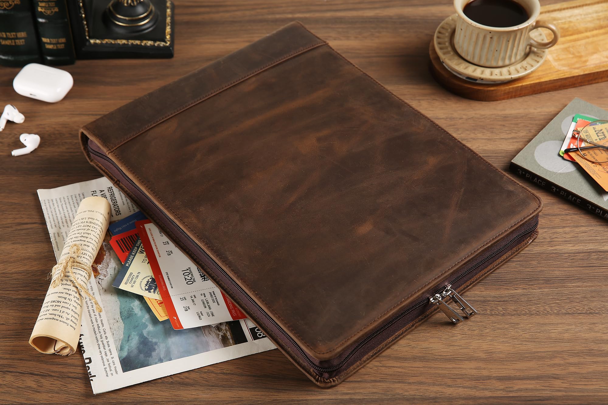 Leather Business Checkbook Binder - 7 Ring Zippered Binder with Check Book Holder for 3 Per Page, 600 Checks Capacity for 9 x 13 inch Sheets, Dark Khaki