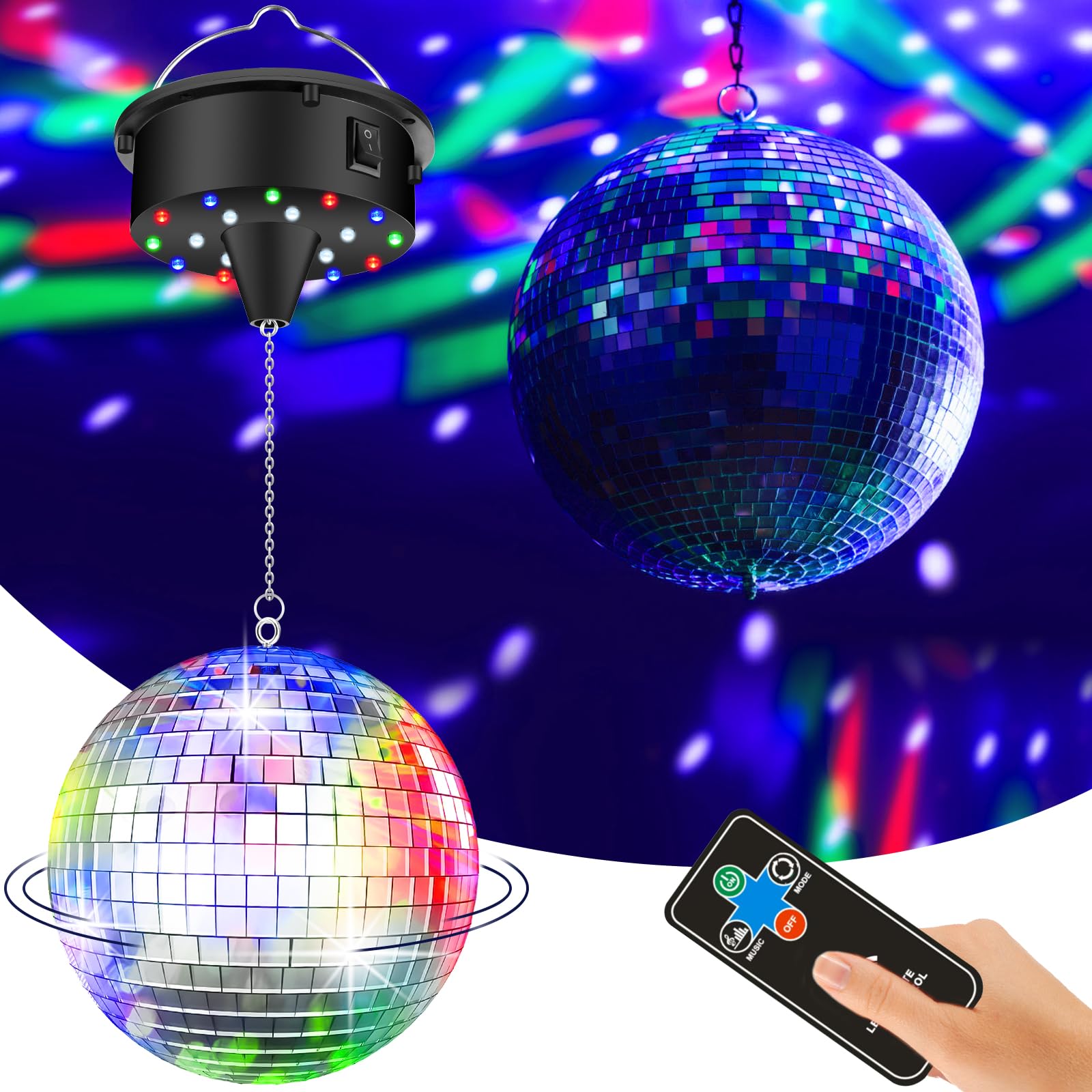 10 RPM Disco Ball with Motor and Disco Ball — Plug/Battery Powered Disco Ball Light with 4 Color Lights,18 LED Beads and Mirror Ball, Christmas Party, Back to 70s Theme Party Supplies