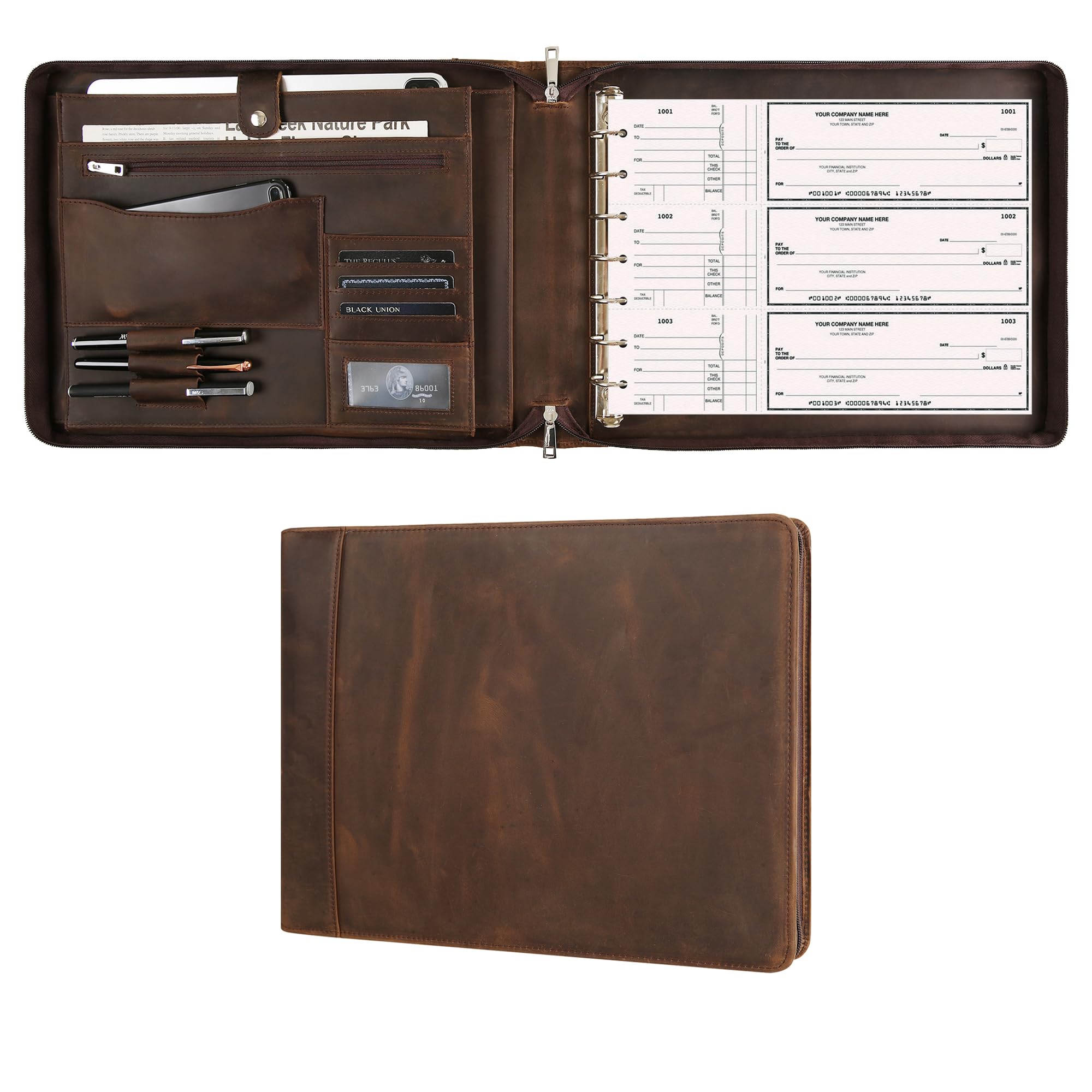 Leather Business Checkbook Binder - 7 Ring Zippered Binder with Check Book Holder for 3 Per Page, 600 Checks Capacity for 9 x 13 inch Sheets, Dark Khaki