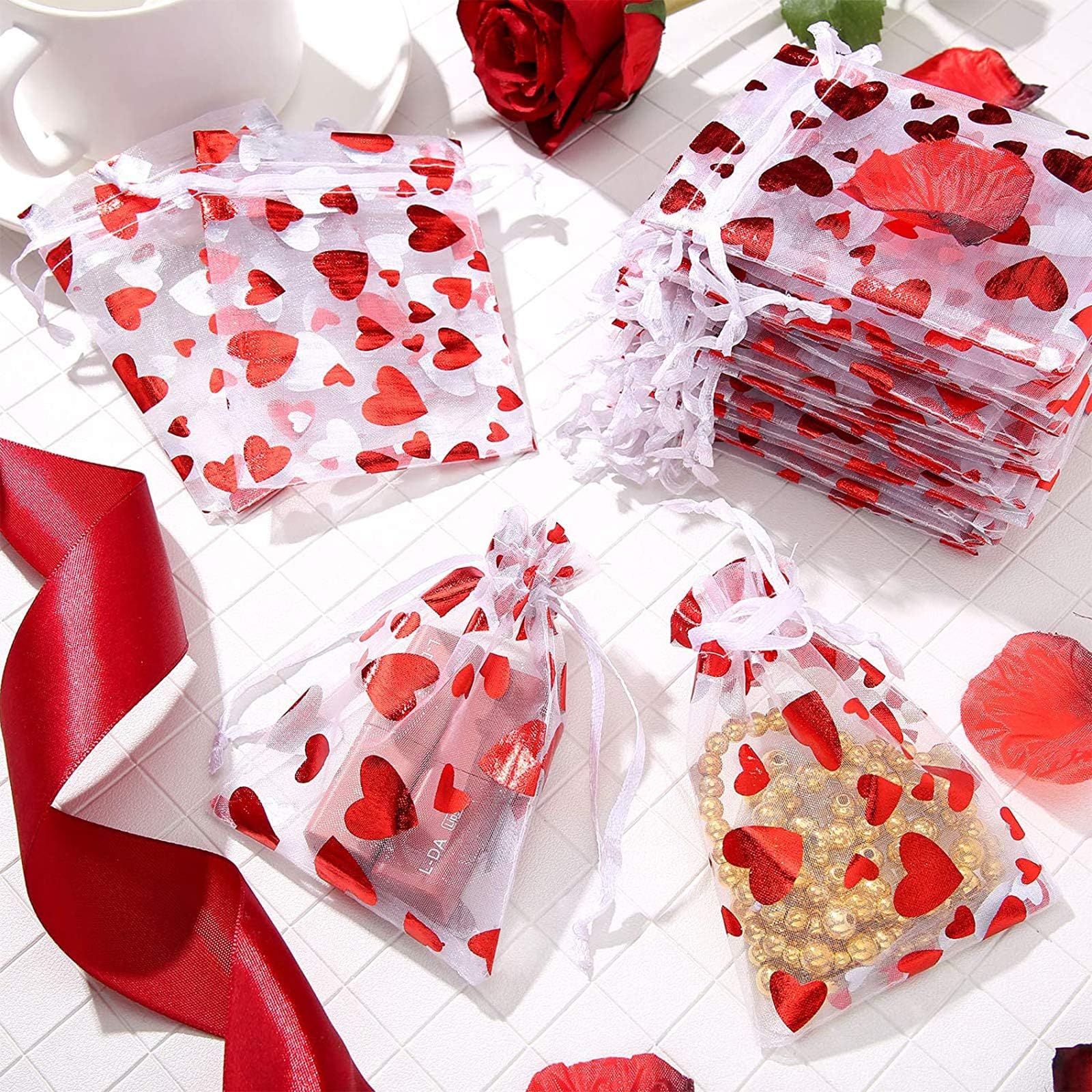 50 Pieces Valentine's Day Candy Bags Heart Wrapping Paper Drawstring Gift Bags for Valentine's Day Party Supplies