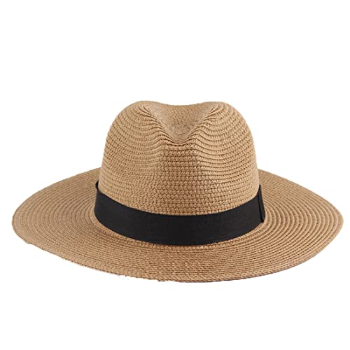 Womens Classic Wide Brim Straw Panama Hat Fedora Summer Beach Sun Hat UPF Straw Hat for Women Khaki