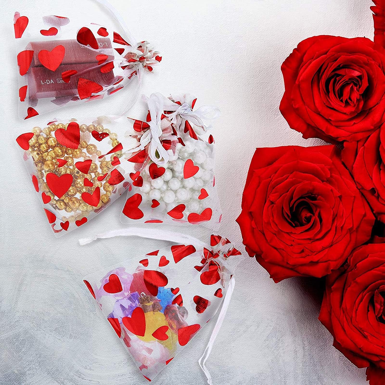 50 Pieces Valentine's Day Candy Bags Heart Wrapping Paper Drawstring Gift Bags for Valentine's Day Party Supplies