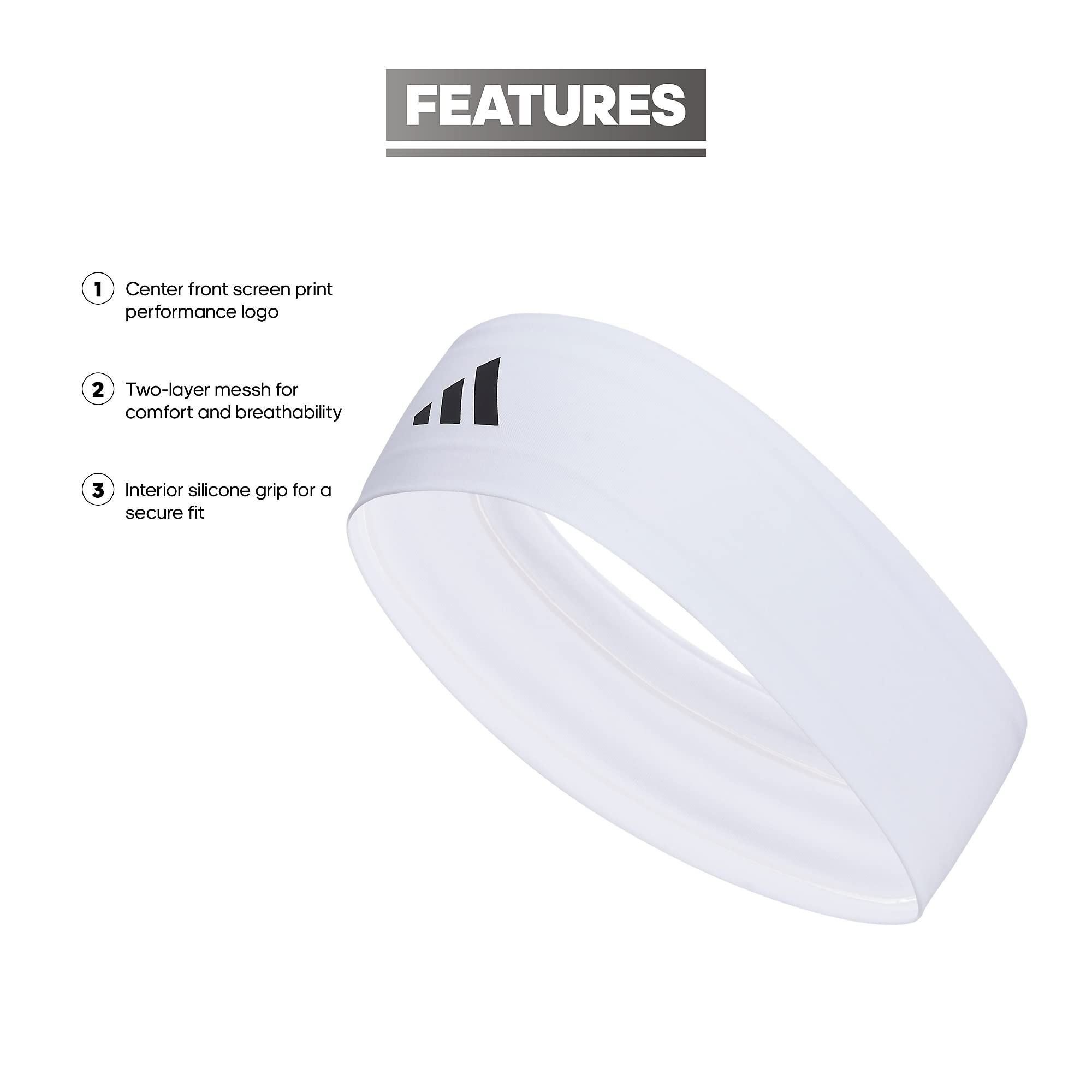 adidas Alphaskin Elastic Headband, White/Black/2, One Size