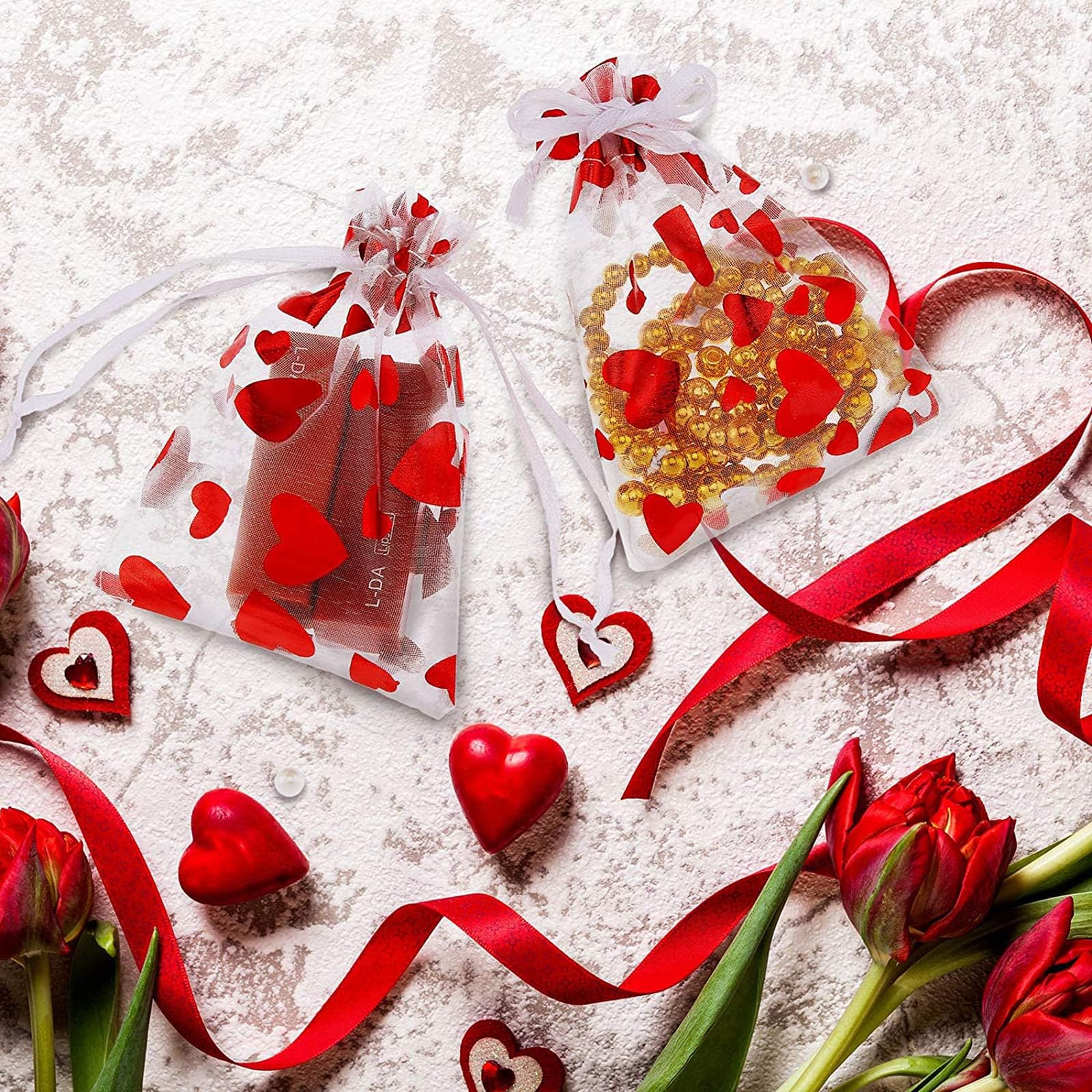 50 Pieces Valentine's Day Candy Bags Heart Wrapping Paper Drawstring Gift Bags for Valentine's Day Party Supplies