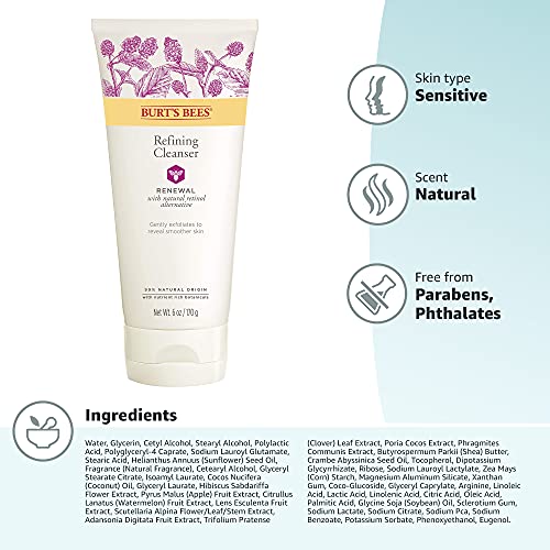 Face Cleanser, Burt's Bees Retinol Alternative, Refining Facial Wash, All Natural, Anti-Aging Skin Care, 6 Ounce (Packaging May Vary)